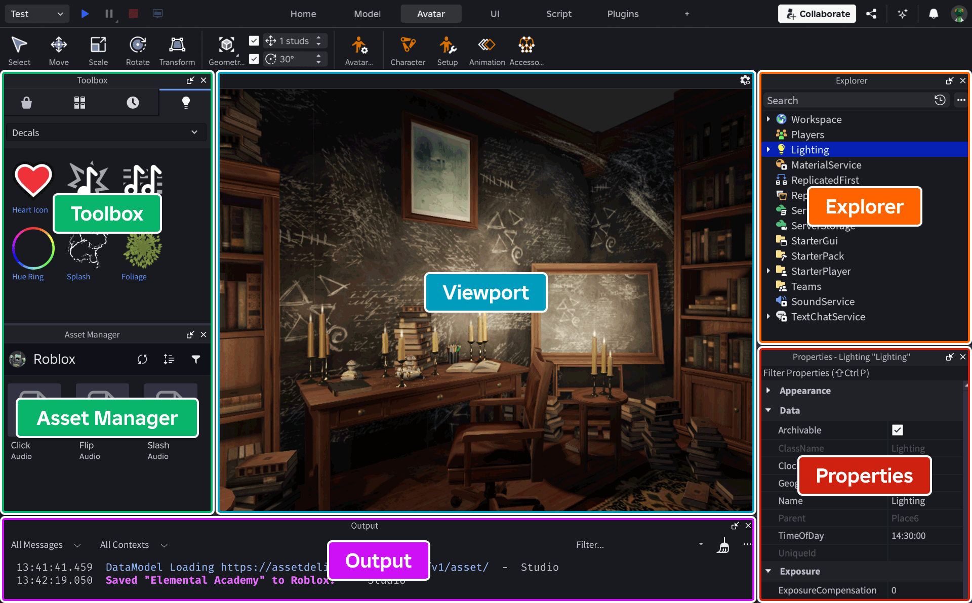 The Roblox Studio user interface with markup to show the various windows and panels.