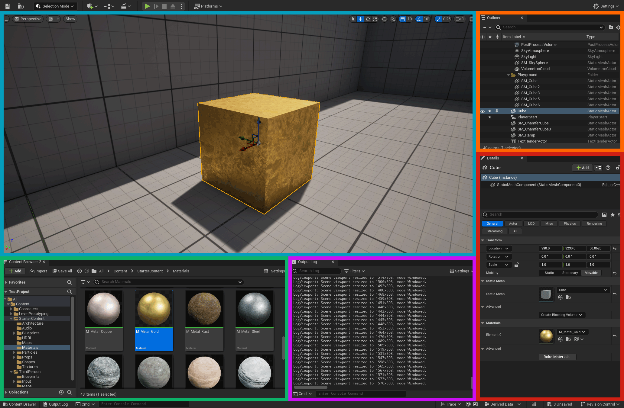 The Unreal Editor user interface with markup to show the various ...