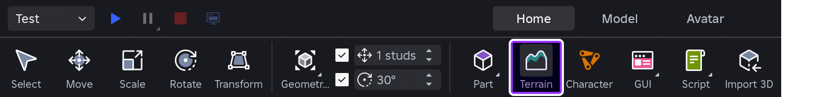 Editor Terrain ditunjukkan di toolbar Studio
