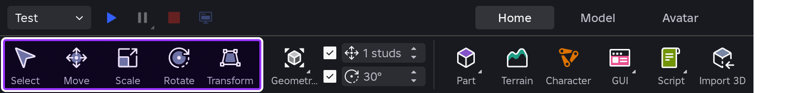 Transformationswerkzeuge, die in der Symbolleiste von Studio angezeigt ...