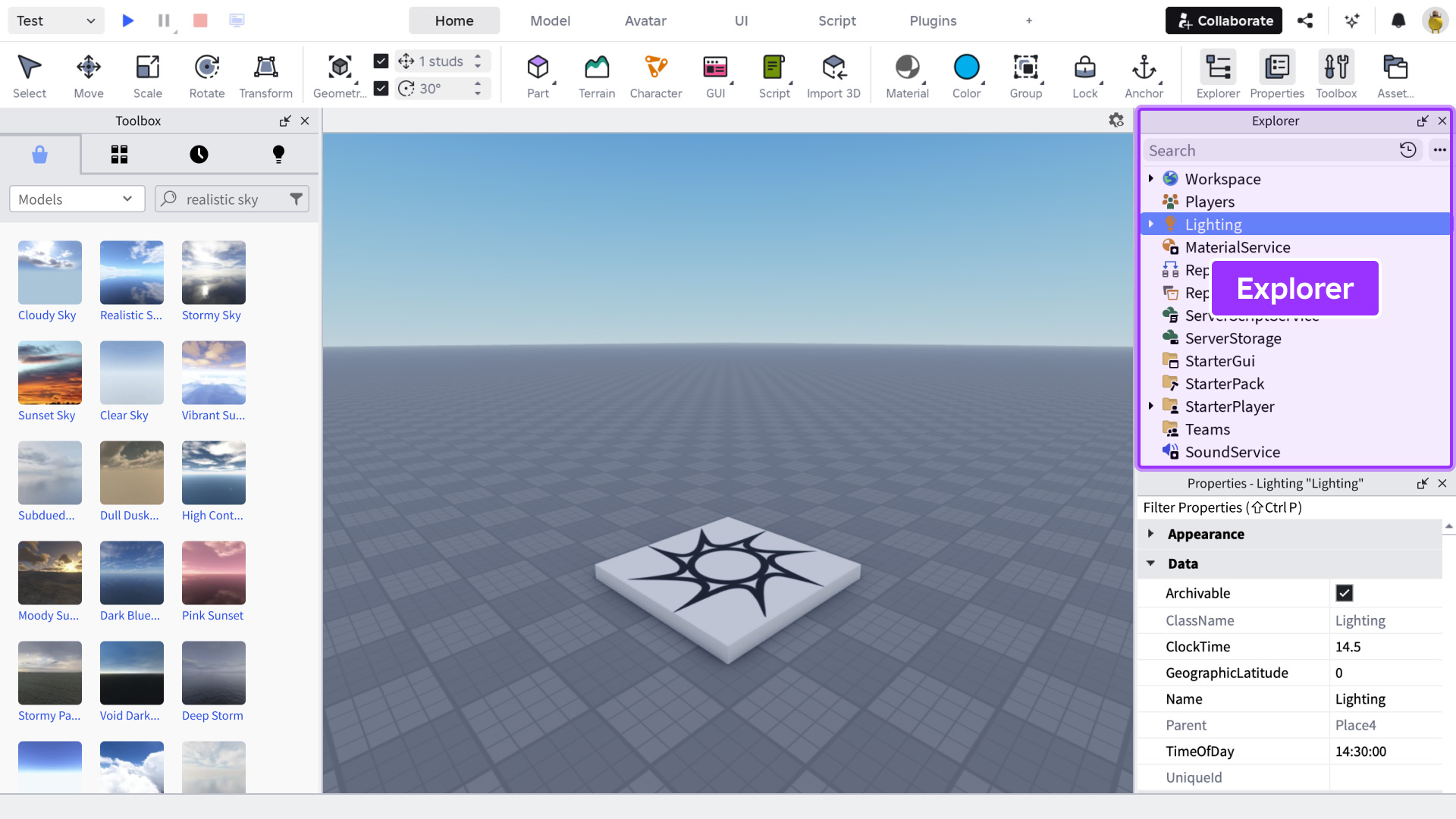 Explorer window shown on the right side of Studio's window.