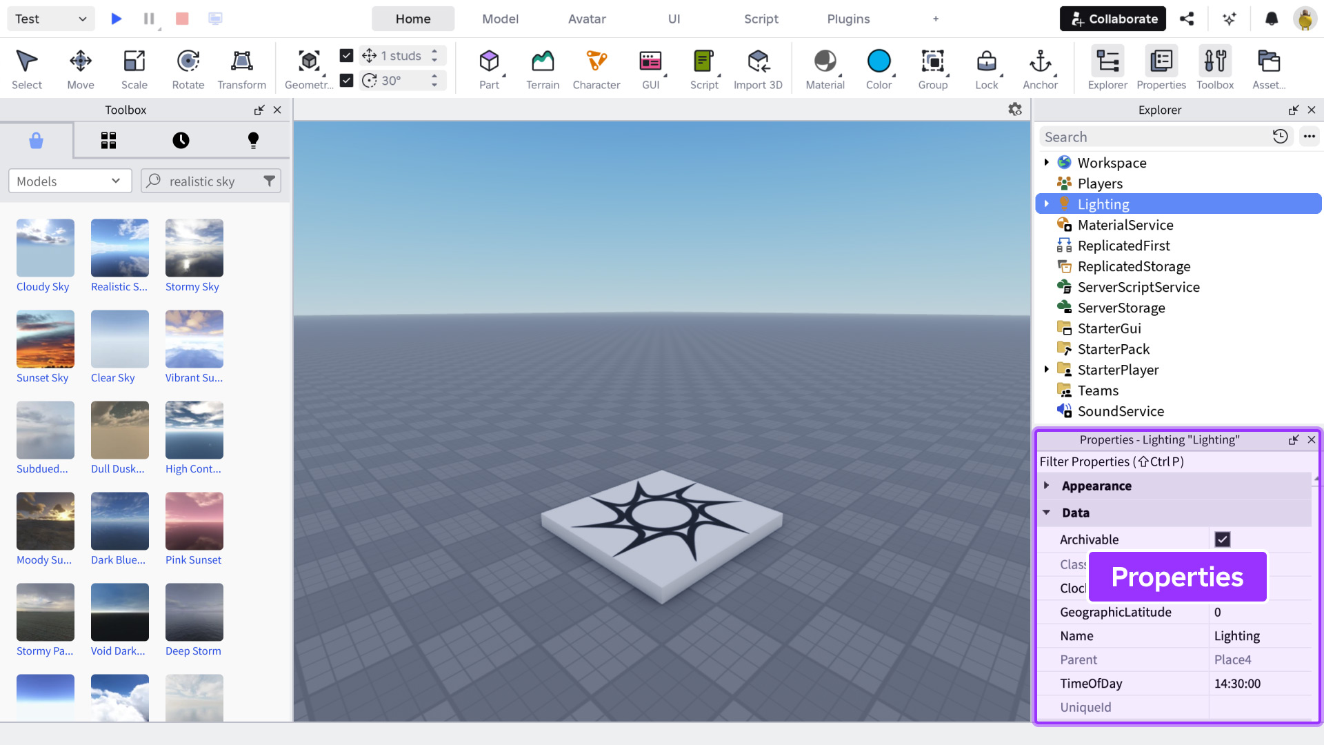 Jendela Properti ditunjukkan di sisi kanan jendela Studio.